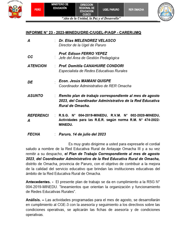 Informe #23-2023-Plan de Trabajo Mes de Agosto - Carer - Rer Omacha | PDF | Estado de emergencia ...