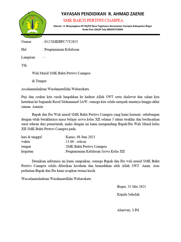 Surat Pemberitahuan Pengumuman Kelulusan | PDF