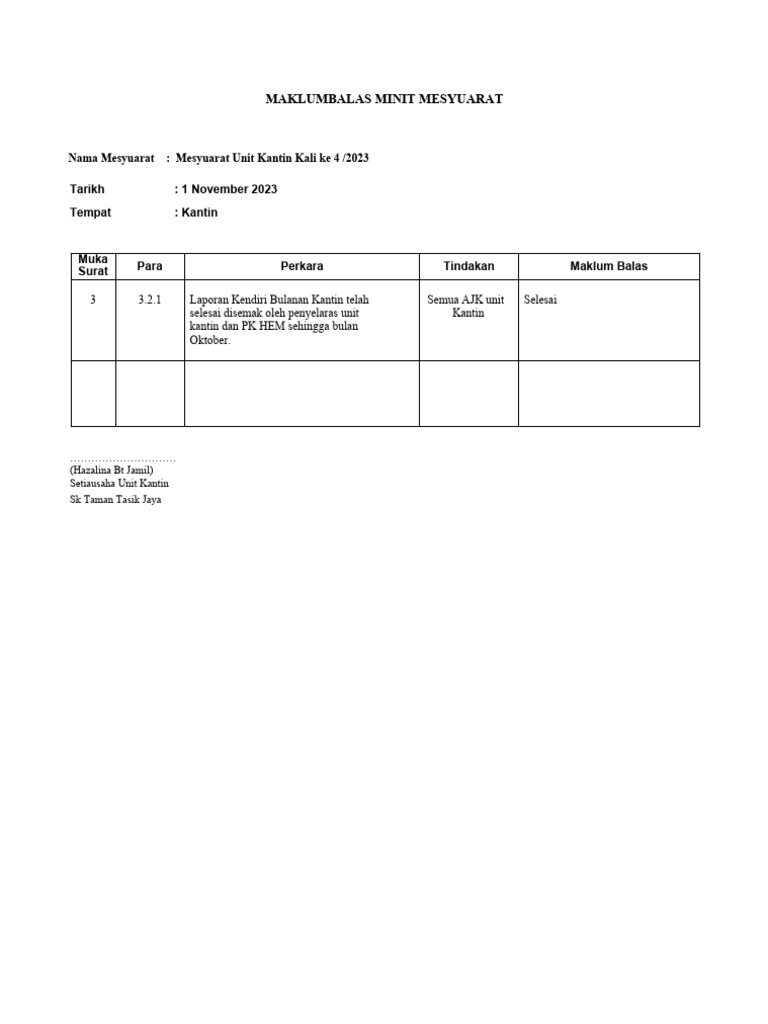 Maklumbalas Minit Mesyuarat Unit Kantin 2024 | PDF