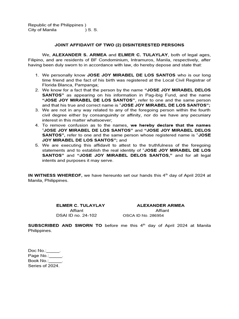 Affidavit of 2 Disinterested Persons One and The Same Person | PDF ...