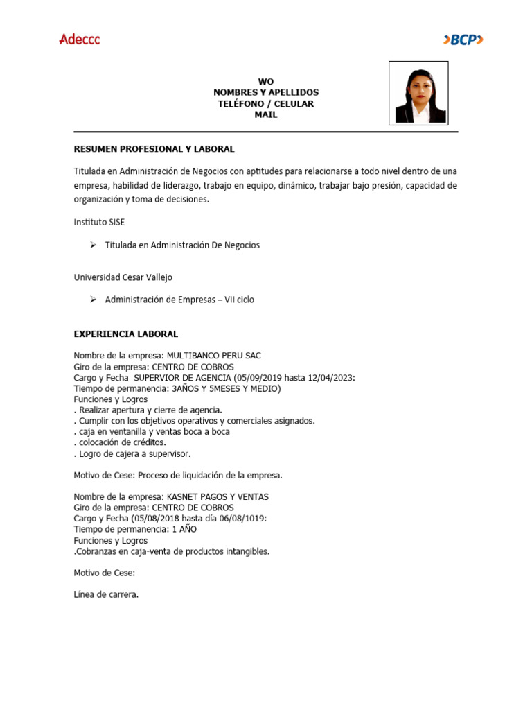 Modelo de CV BCP | PDF