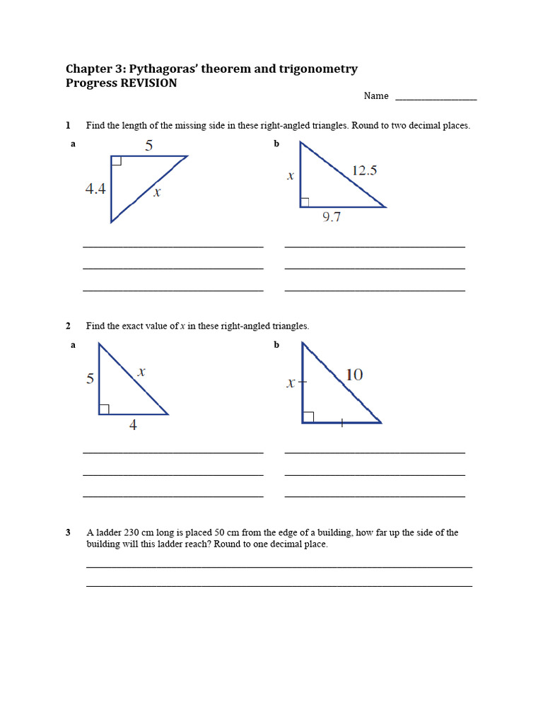 Chapter 3: Pythagoras' Theorem and Trigonometry Progress REVISION | PDF ...
