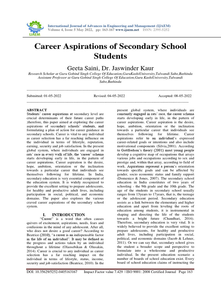 Career Aspirations of Secondary School Students | PDF | Motivation ...