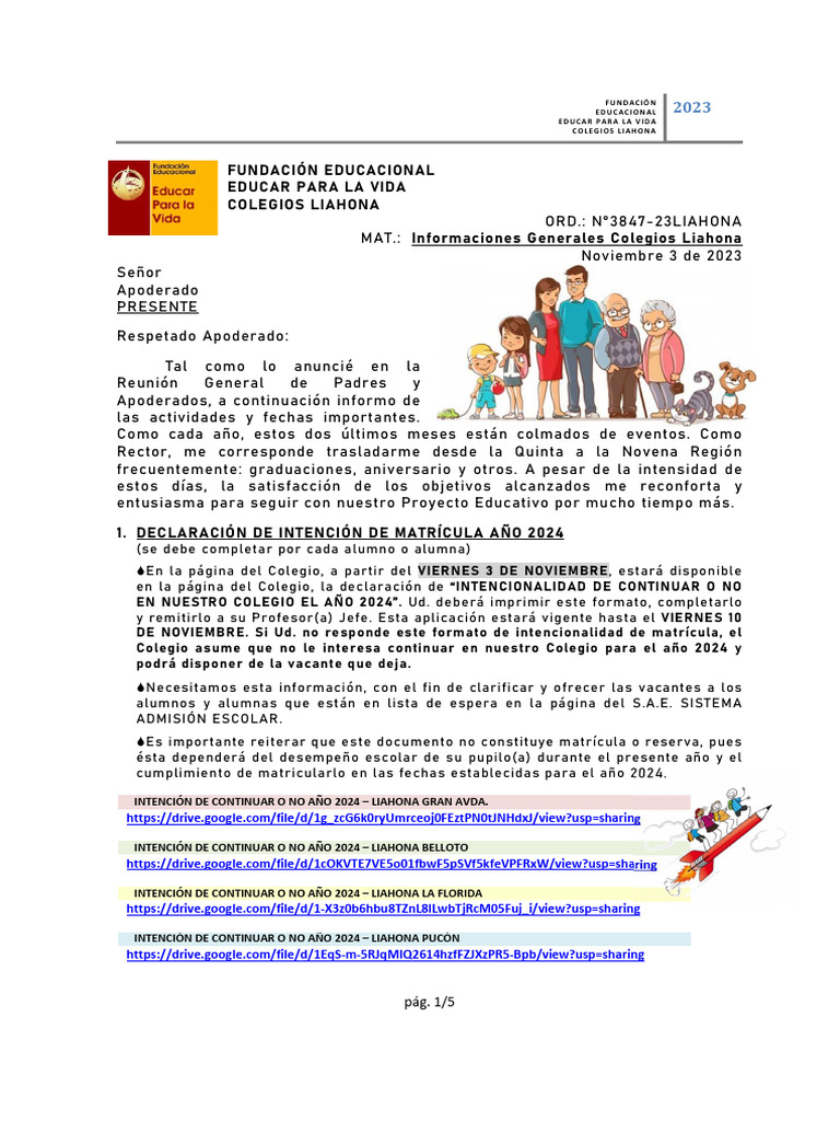 PARA APODERADOS INFORMACIONES GENERALES Matricula Becas Fechas | PDF ...