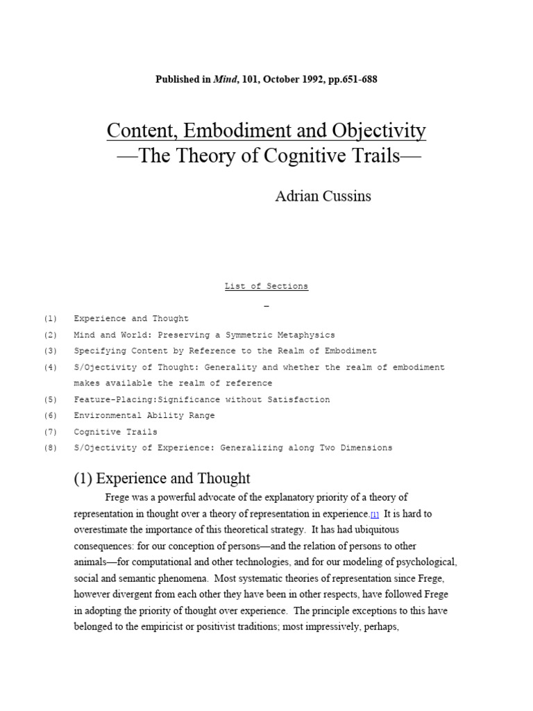 Content, Embodiment and Objectivity - The theory of cognitive trails | PDF | Thought | Concept