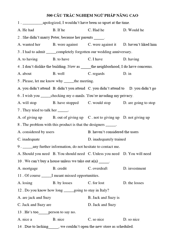 (SACHMOI24H.COM) 500 CÂU TRẮC NGHIỆM NGỮ PHÁP NÂNG CAO - PHẠM LIỄU-đã gộp | PDF