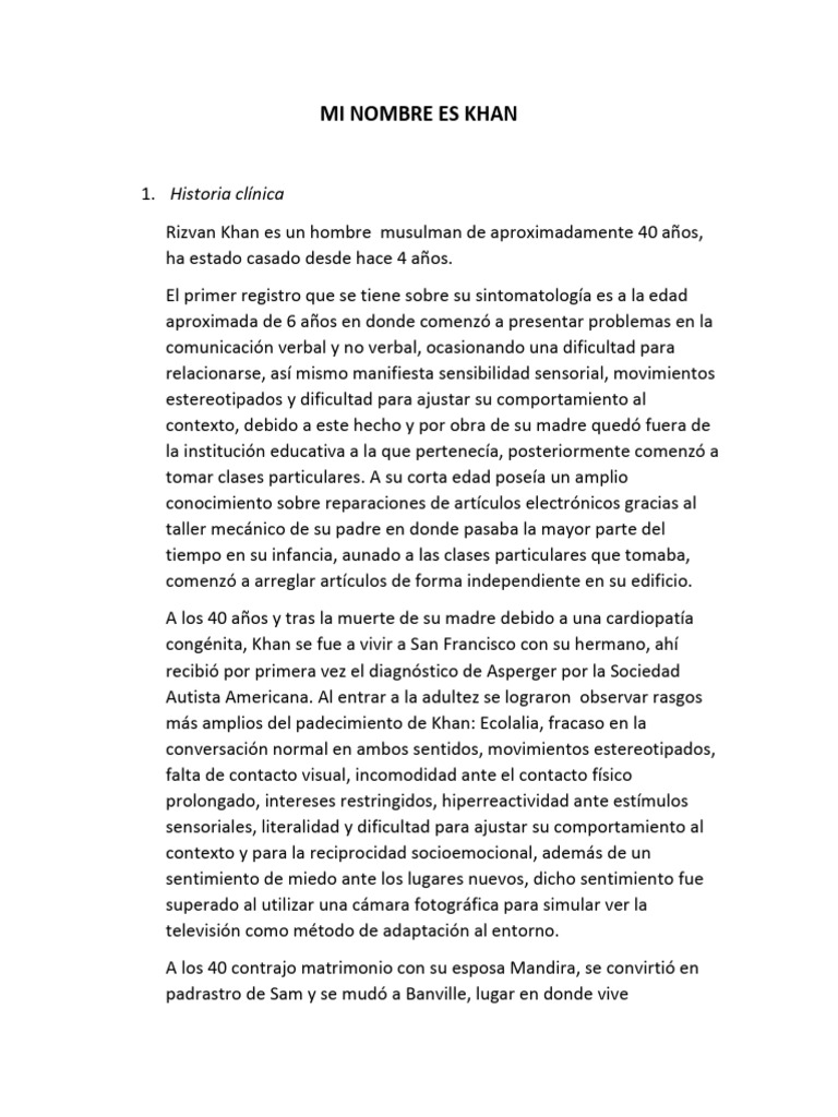 Caso Clinico Autismo Rizvan Khan | PDF | Espectro autista | Comunicación no verbal