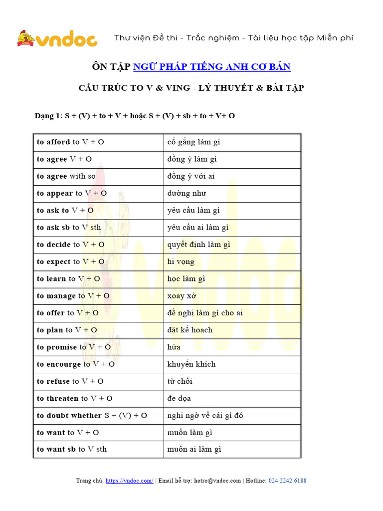 101 Cau Truc Dong Tu To V Va Ving Thuong Gap | PDF