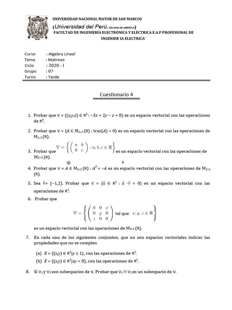 Cuestionario 4 | PDF | Espacio vectorial | Subespacio lineal