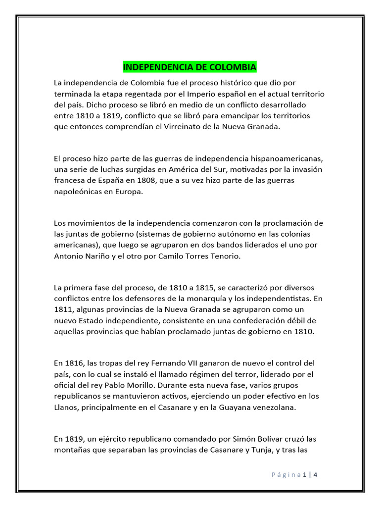 Independencia de Colombia 1810-1819 | PDF | América del Sur