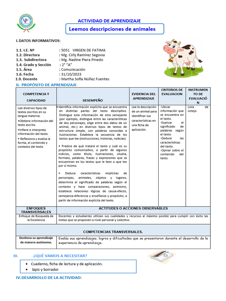 D1 A1 SESION COM. Leemos Descripciones de Animales | PDF | Evaluación ...