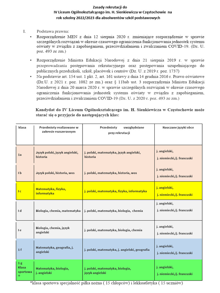 Zasady Rekrutacji 2022 2023 IVLO | PDF