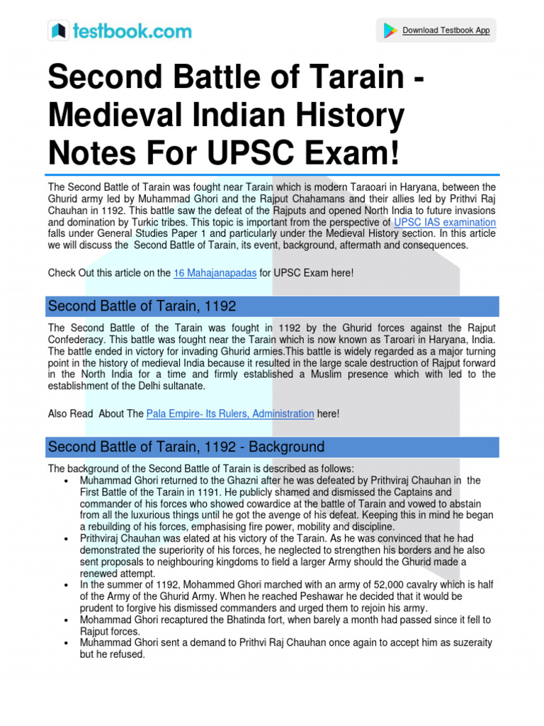 Second Battle of Tarain: 1192 Overview | PDF