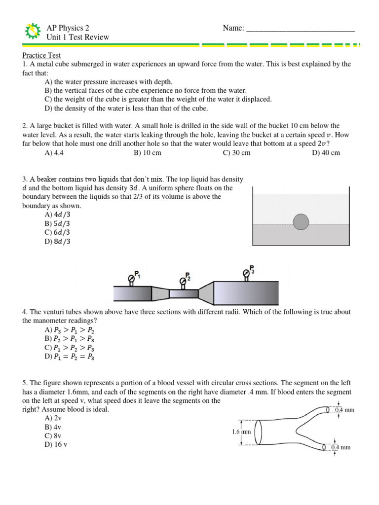 Unit 1 Practice Test | PDF | Buoyancy | Pressure