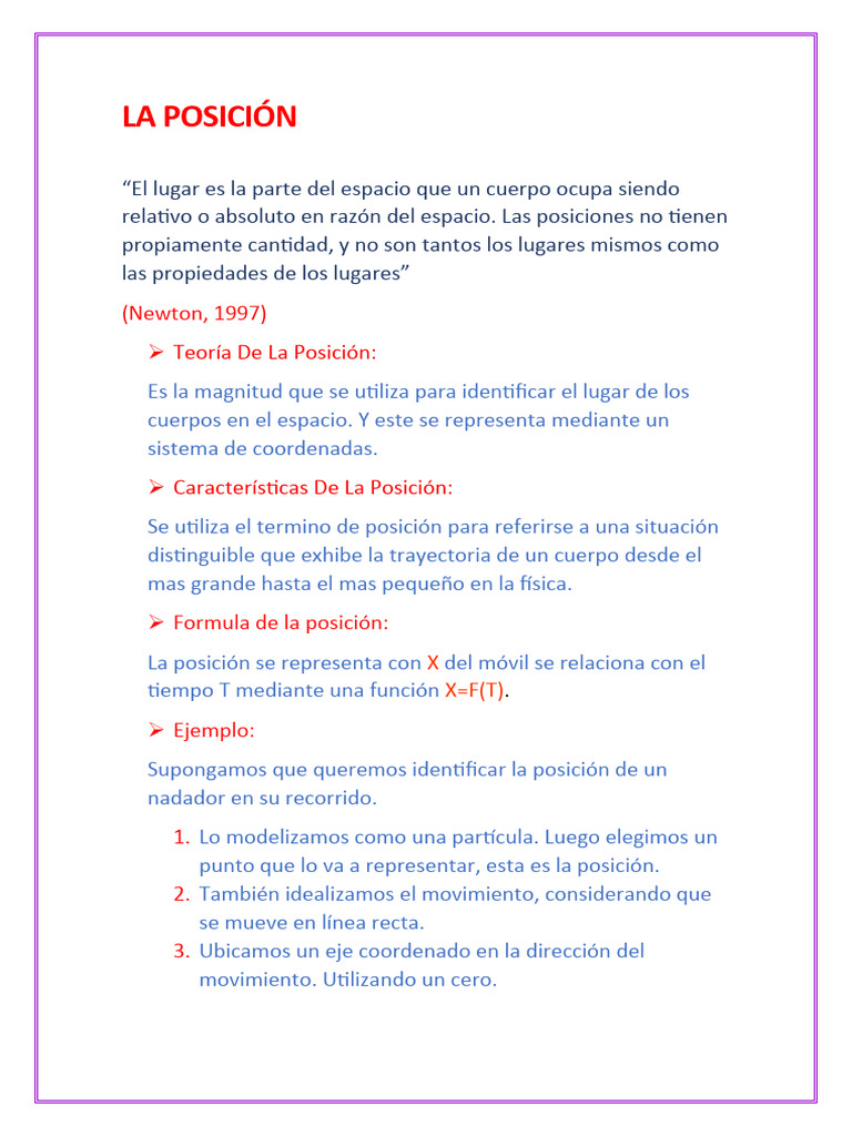 Teoría de Posición y Desplazamiento en Física | PDF | Velocidad | Espacio