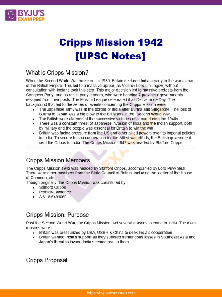 Cripps Mission Upsc Notes 33 | PDF | British Raj | Dominion