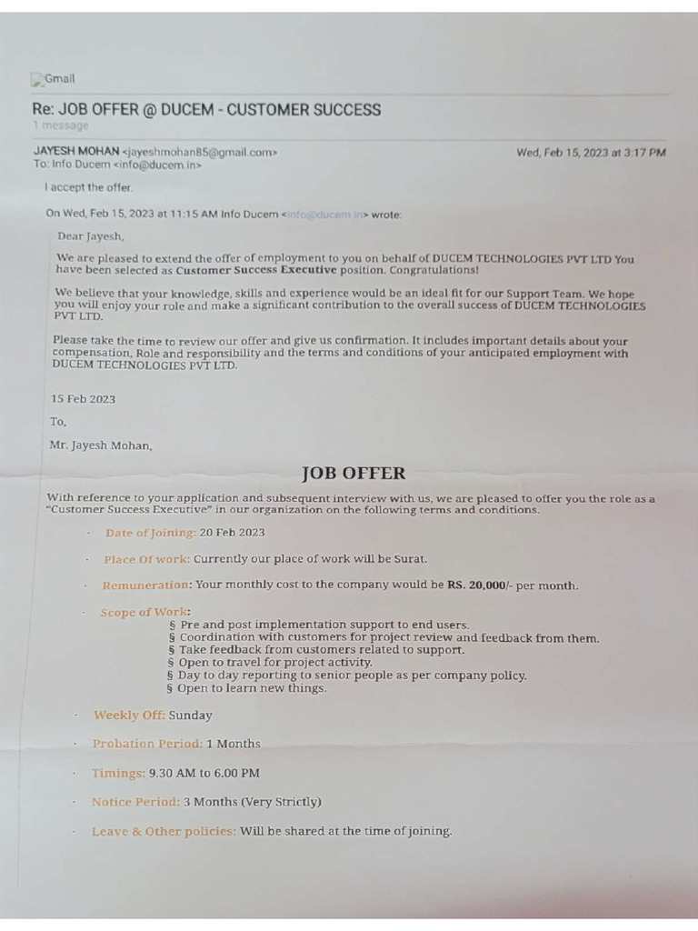 Previous Company Offer Letter | PDF