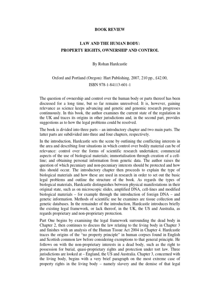 LAW AND THE HUMAN BODY - Property Rights, Ownership and Control ...
