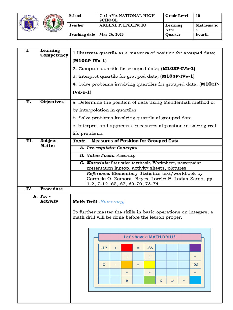 Mathematics Lesson Plan and | PDF | Quartile | Mathematics