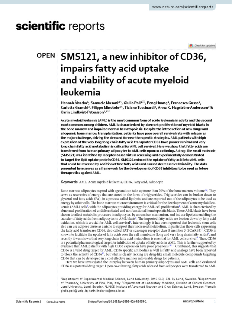 SMS121, A New Inhibitor of CD36, Impairs Fatty Acid Uptake and Viability of Acute Myeloid ...
