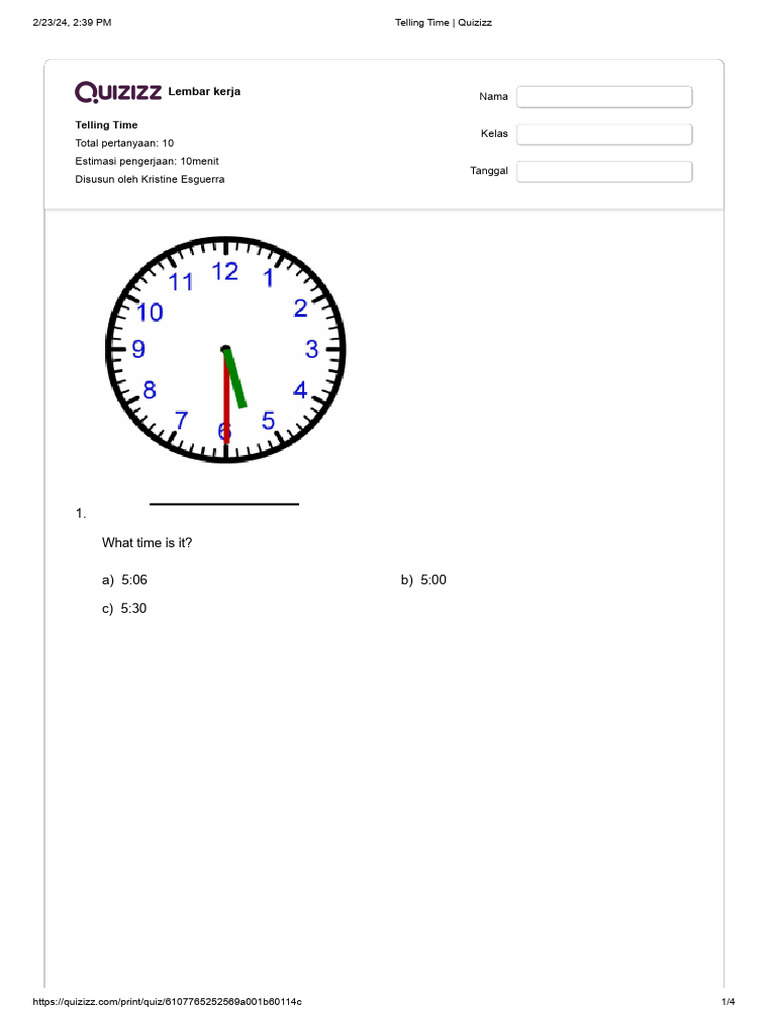 Telling Time - Quizizz | PDF