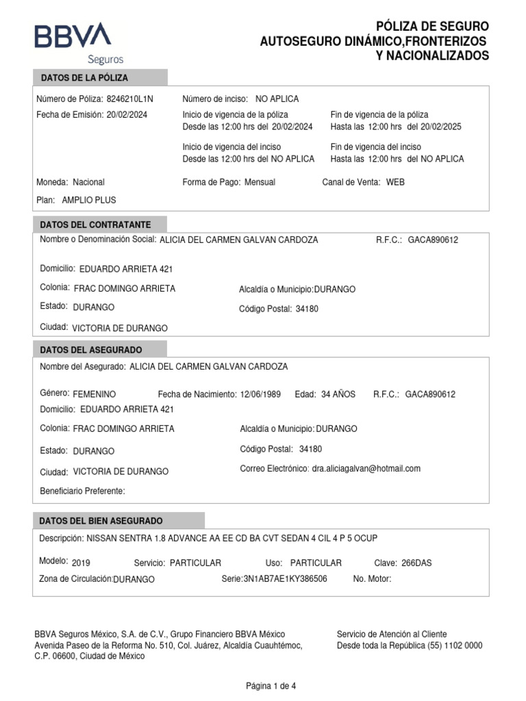 Póliza de Seguro Auto BBVA 2024 | PDF | Póliza de seguros | Seguro