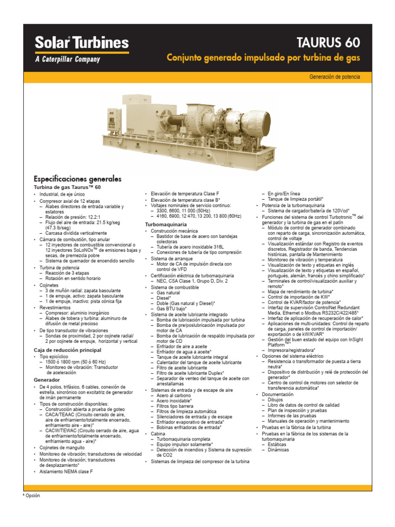 Taurus 60: Conjunto Generado Impulsado Por Turbina de Gas | PDF | Generador eléctrico | Turbina