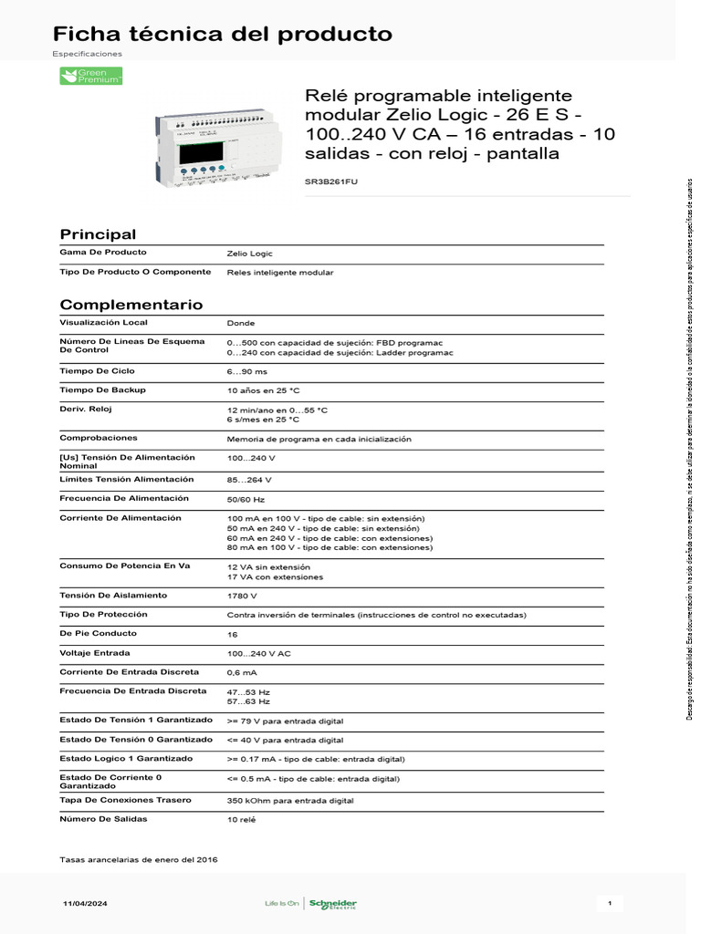 Schneider Electric_Zelio-Logic_SR3B261FU | PDF | Relé Schneider Electric_Zelio-Logic_SR3B261FU | PDF | Relé
