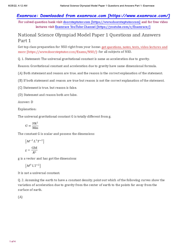 NSO Class 9 Most Important Questions Part 1 | PDF | Orbit | Gravity