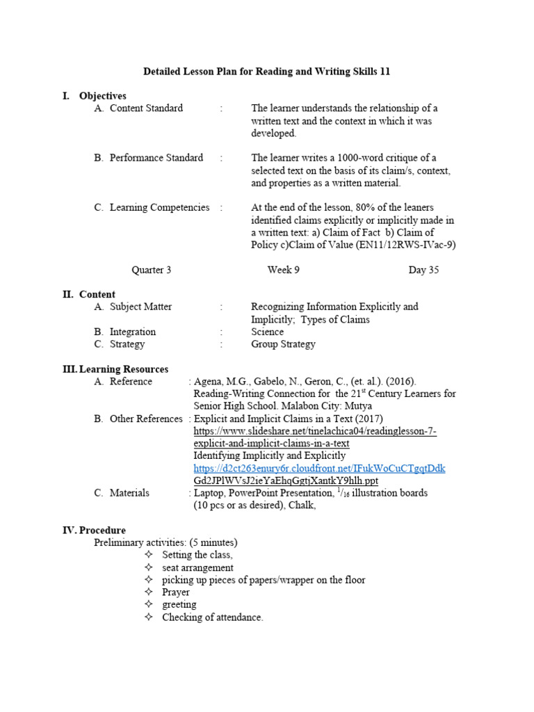 Detailed Lesson Plan For Reading and Writing Skills 11 | PDF ...