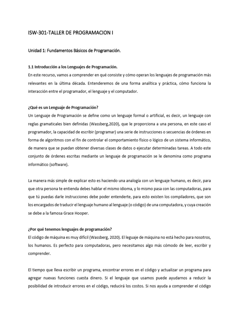 Isw-301 U1 Taller de Programacion I | PDF | Lenguaje de programación | Programación de computadoras
