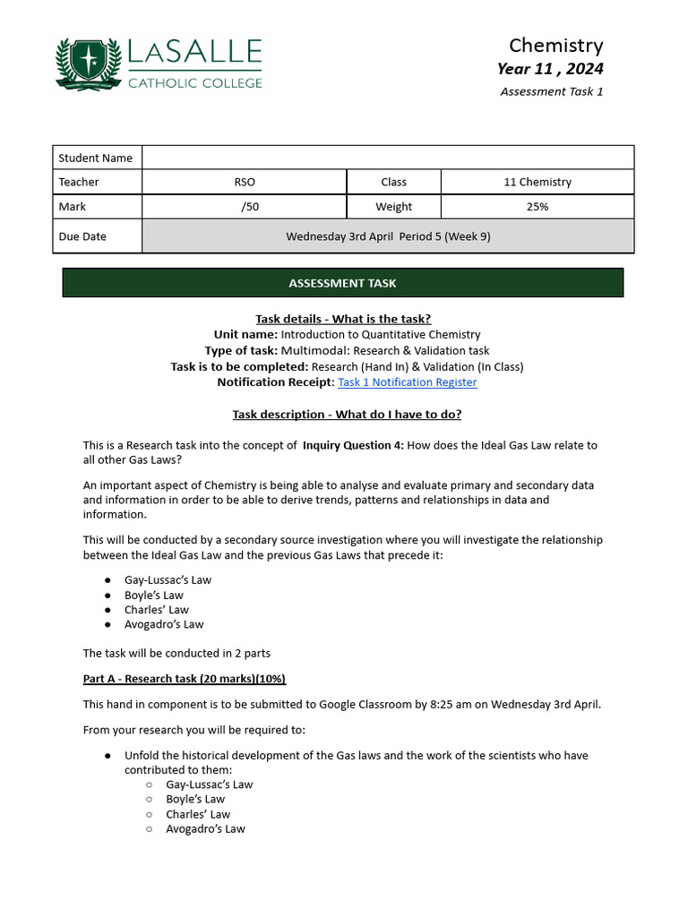 Year 11 Chemistry Task 1 2024 Notification | PDF | Gases | Quantitative Research