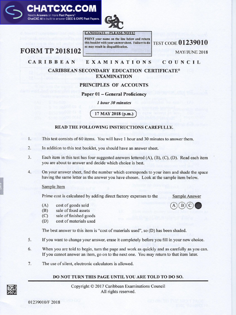 CSEC Principles of Accounts P1 2018 | PDF