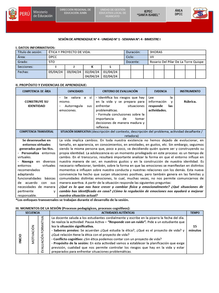 4 Sesión de Aprendizaje 2024 5to | PDF | Moralidad | Las emociones