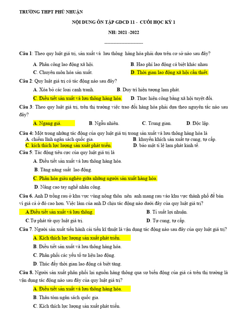 GDCD 11 Ôn tập trắc nghiệm cuối kỳ 1PN | PDF
