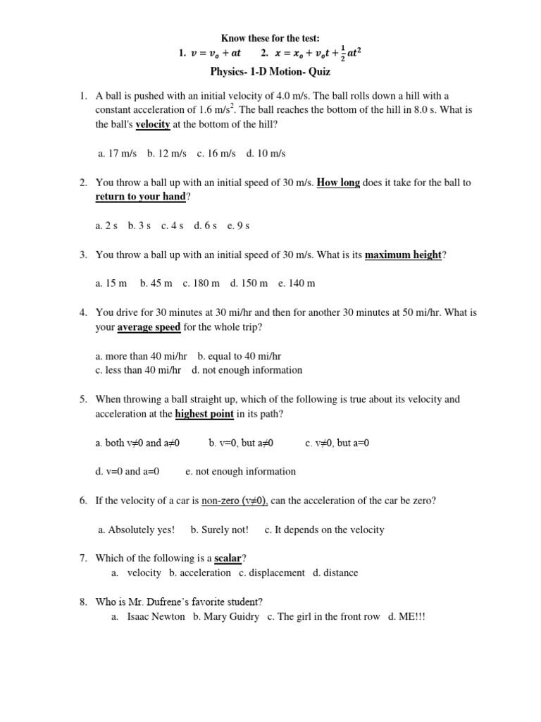 AP Physics Quiz 1D Motion | PDF | Velocity | Acceleration