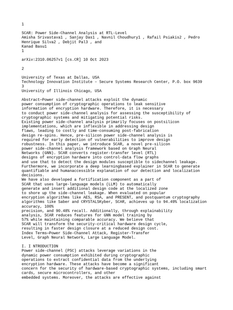 SCAR Power Side Channel Analysis at RTL Level | Download Free PDF | Cryptography | Computer Science