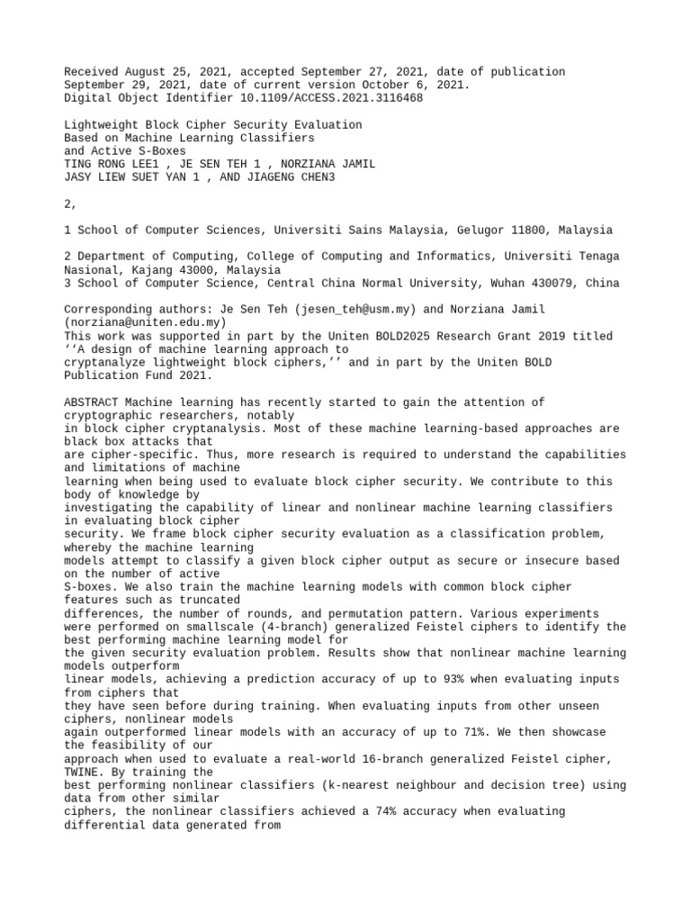 Lightweight Block Cipher Security Evaluation Based On Machine Learning ...