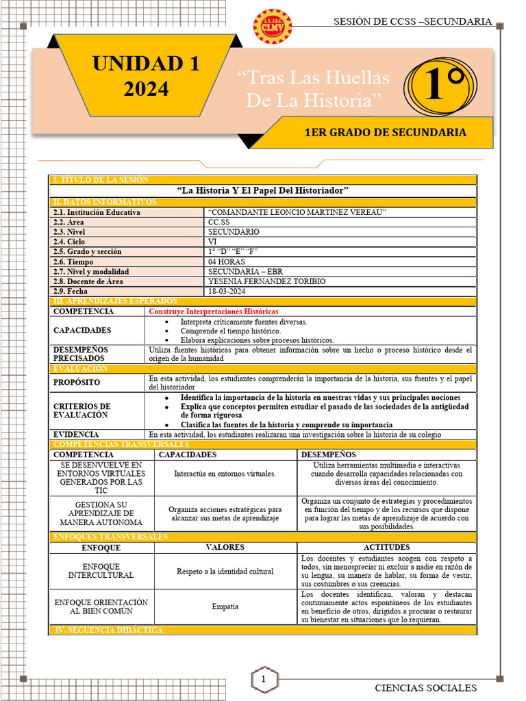 1º Sesiones Sem 1 Uni 1 - CCSS 2024 | PDF | Enseñando | Aprendizaje