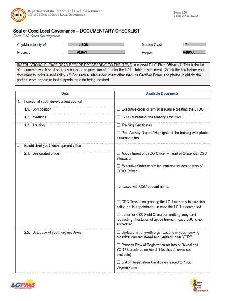 SGLG Checklist - Youth Devt | Download Free PDF | Government