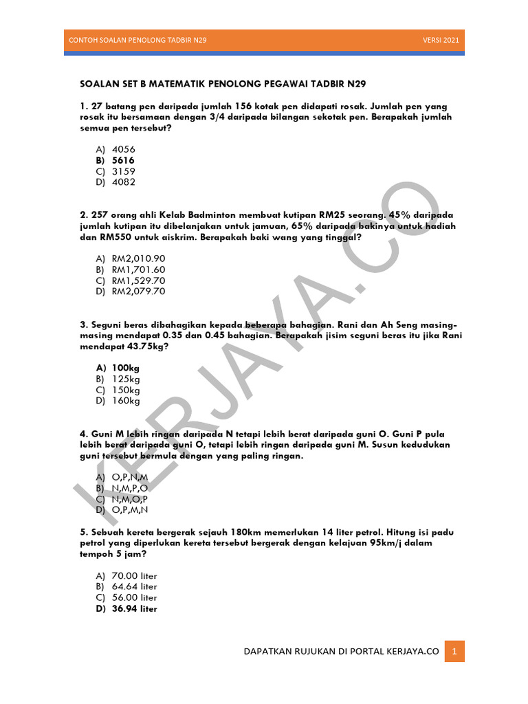 Contoh Soalan Matematik N29 Set B | PDF