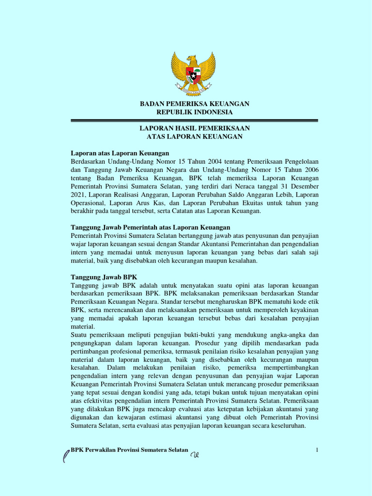 2021 - Opini LKPD Prov TA 2021 LHP 120244 Kor KT2 | PDF | Pengelolaan Keuangan & Uang | Hukum