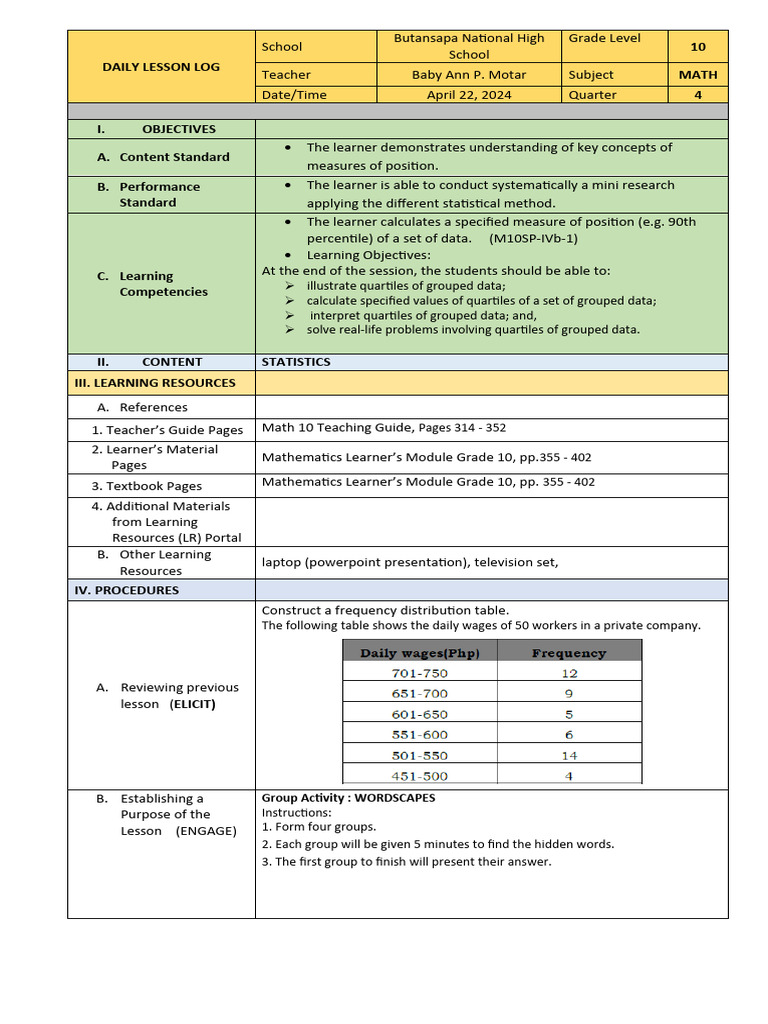 Lesson Plan For QUARTILES For Grouped Data-April 22,2024 | PDF | Learning | Mathematics
