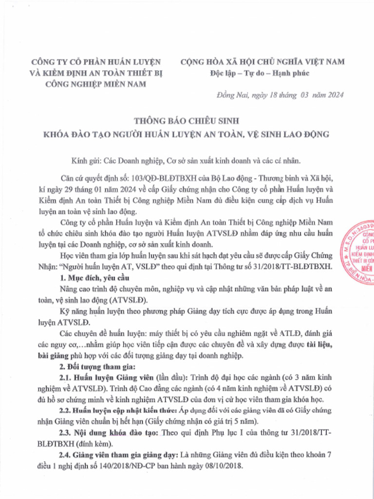 Công văn chiêu sinh lớp huấn luyện | PDF