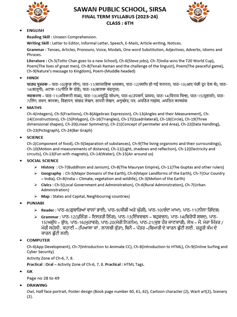 Final Term Syllabus of Class 6th | PDF | Foreign Language Studies