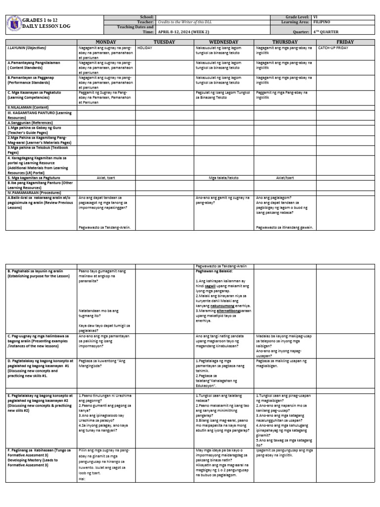 DLL - Filipino 6 - Q4 - W2 | PDF