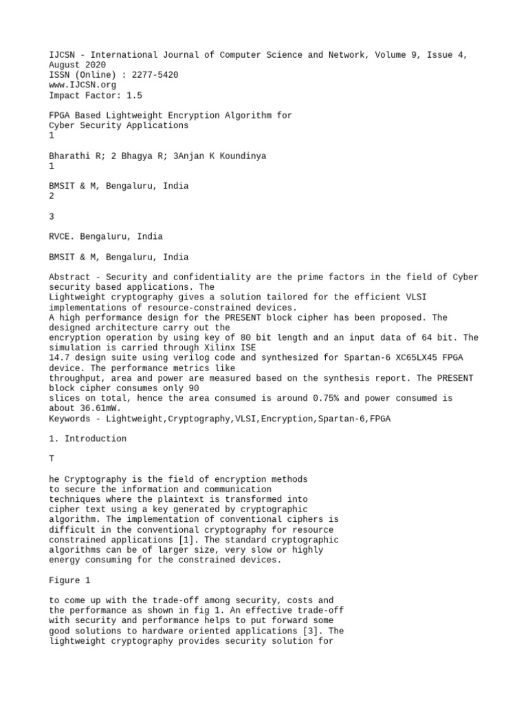 FPGA Based Lightweight Encryption Algorithm For Cyber Security ... FPGA Based Lightweight Encryption Algorithm For Cyber Security ...