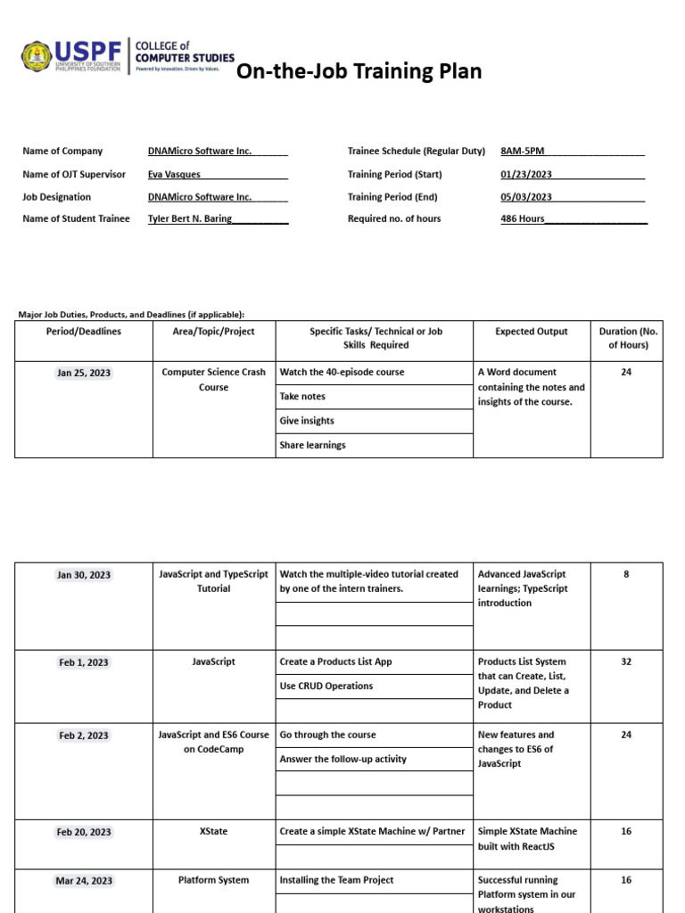 OJT Training Plan for Computer Science | PDF | Computer Science ...
