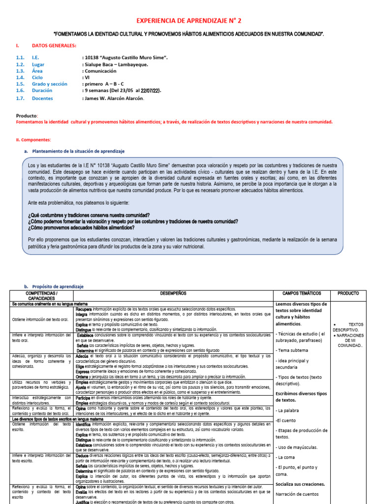 Experiencia de aprendizaje N 2 primer grado | PDF | Aprendizaje | Enseñando