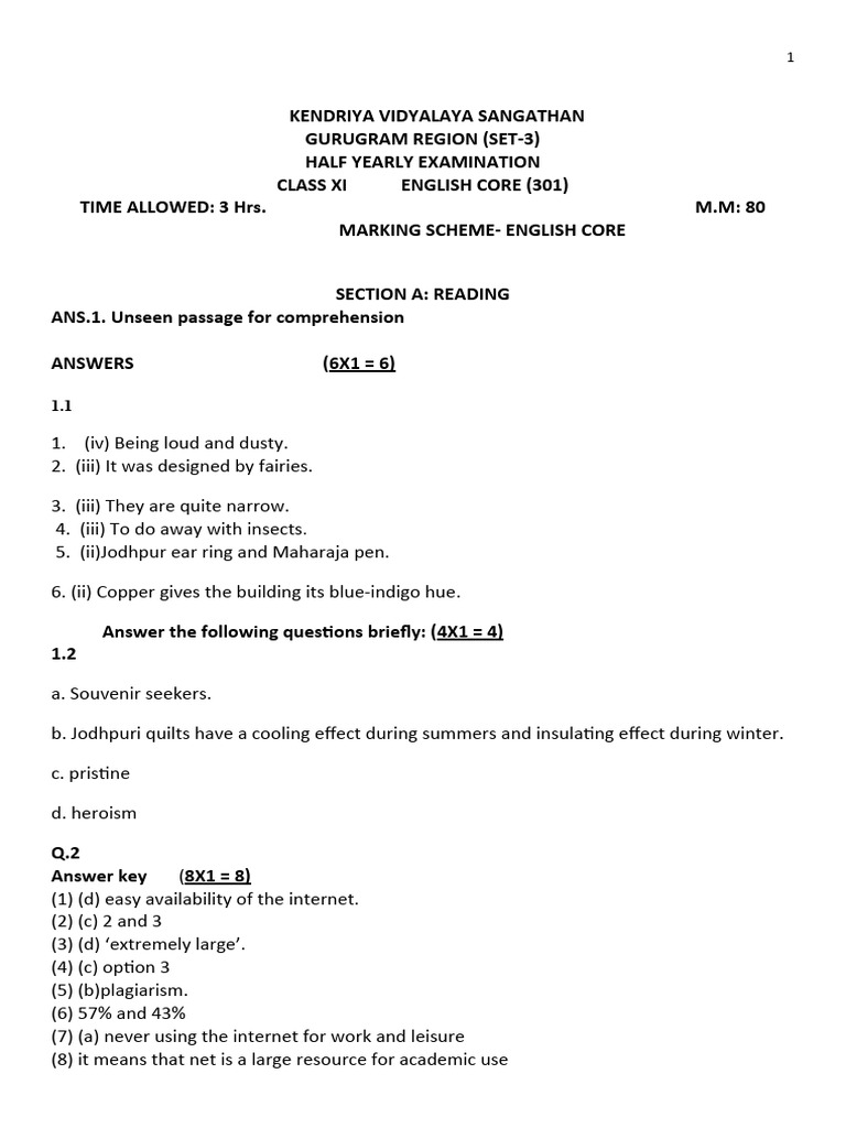 XI H.Y. English MARKING SCHEME (SET-3) | PDF | Language Arts & Discipline